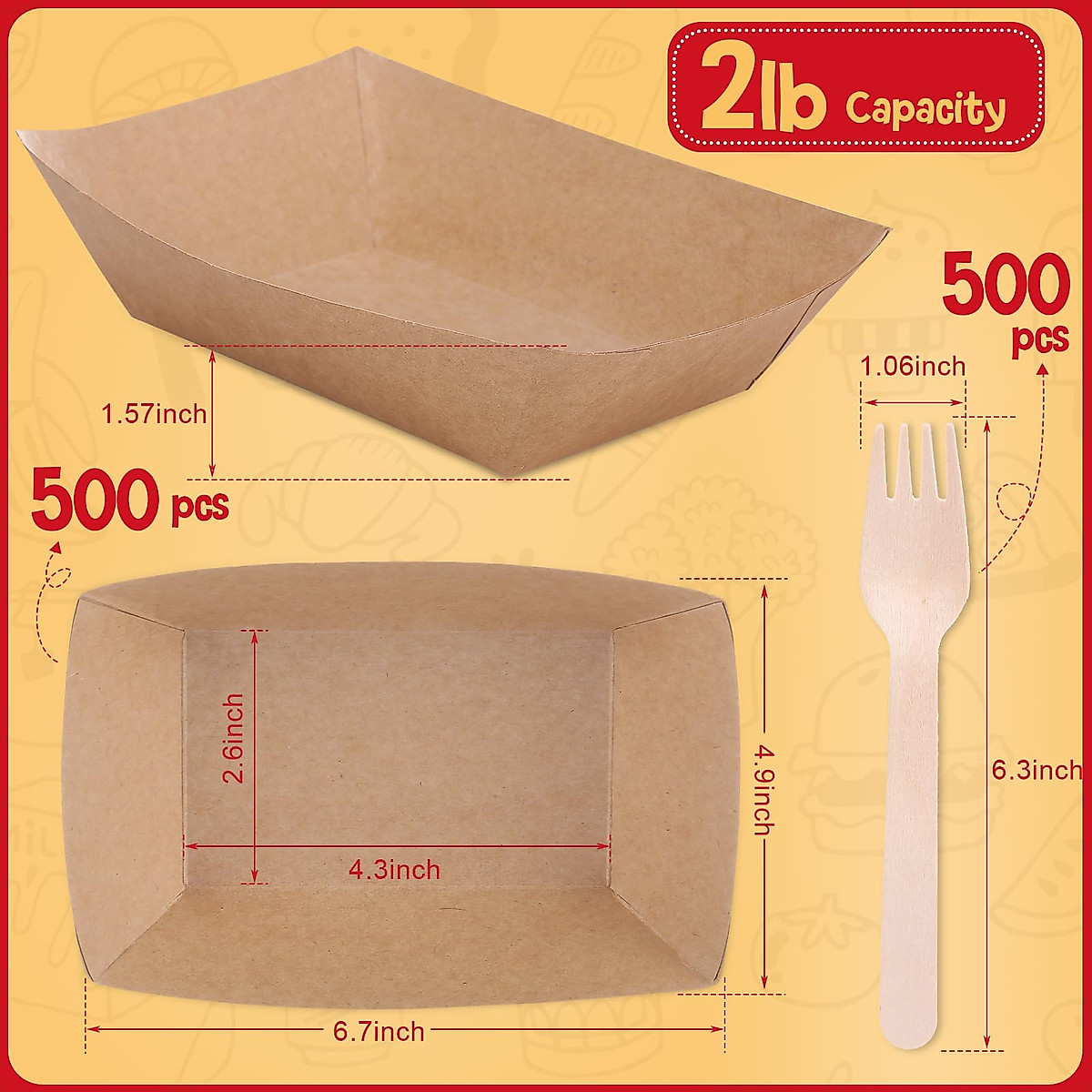 1000 Pcs Disposable Kraft Food Trays, Heavy Duty 2lb Coated Cardboard Food Boats, Disposable Wooden Forks Biodegradable Holds Nachos, Tacos, Hot Dogs and More Picnic Fiesta Camping Kiosk Supplies