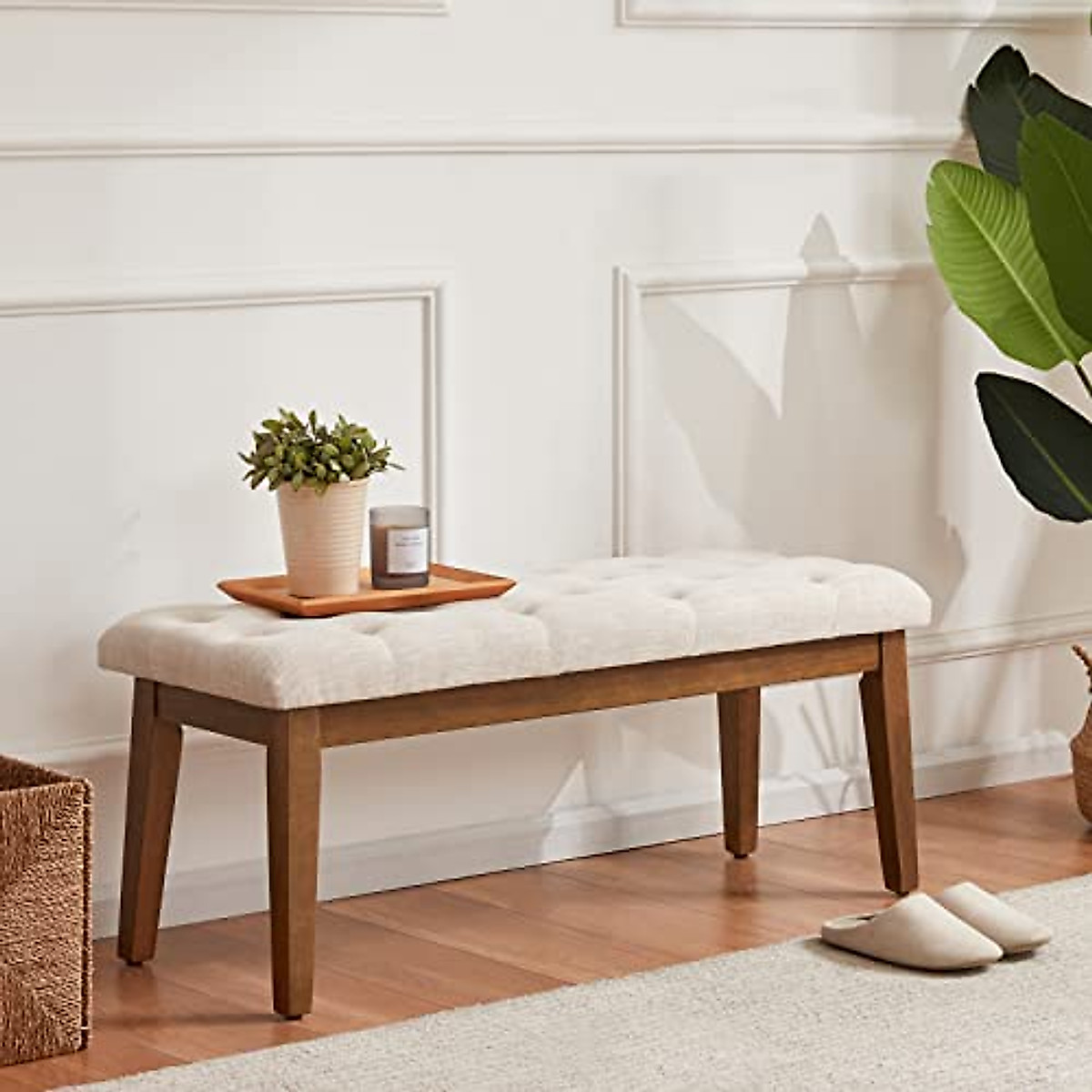 HUIMO Button-Tufted Bench for End of Bed, Entryway Bench with Upholstered Linen Fabric, Ottoman Bench for Living Room,Dining Bench for Kitchen(Beige)