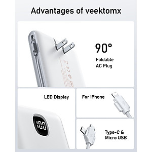 VEEKTOMX Power Bank with Built in Cables 22.5W 10000mAh, Portable Charger for iPhone with AC Wall Plug, Fast Charging USB C Slim iPhone Charger with LED Display Compatible with iPhone15/14/13, Samsung