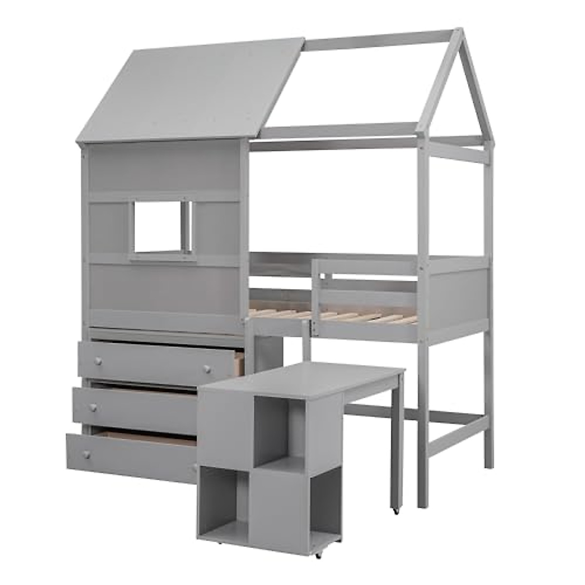 Twin Size House Loft Bed with Storage Desk and 3 Drawer Chest, Wood Loft Bed with Safety Guard Rails, Multi-Functional Loft Bed for Kids Boys Girls Teens Bedroom, Maximize Space Savings (Gray 014)
