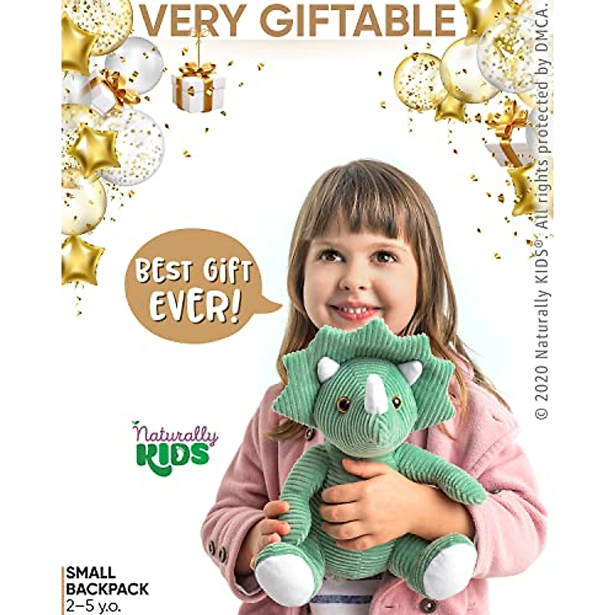 Naturally KIDS Small Dinosaur Backpack Dinosaur Toys for Kids 3-5 - Dinosaur Toys for 3 4 5 6 7 Year Old Girls Gift - Toddler Backpack for Boys Girl - Green Triceratops - Dinosaur Plush Stuffed Animal