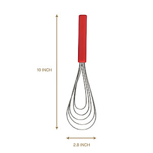Flat Whisk Silicone Handle Non Slip 10" - 5 Wires Whisk with 10 Heads for Kitchen Cooking Color Red by Jell-Cell