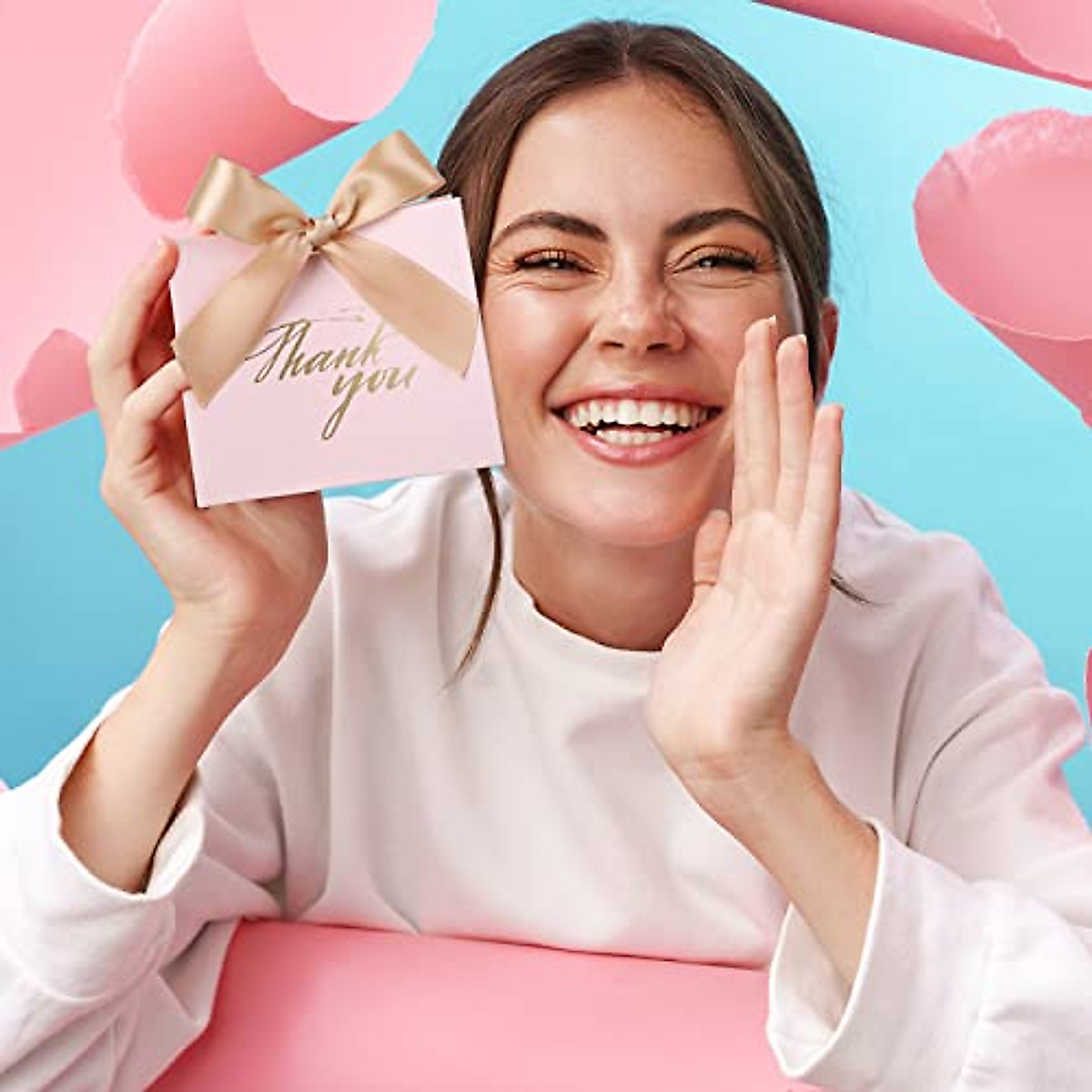 50 Pcs Small Thank You Gift Bags Mini Pink Valentine's Day Gift Bags with Bow Ribbon Paper Goodie Bags Bulk Party Favor Treat Box for Baby Bridal Shower Wedding (Pink, Gold, 4.5 x 1.8 x 4 In)