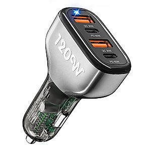120W USB C Car Charger, SONRU 4 Ports Cigarette Lighter USB Car Charger Adapter, [2 PD 60W+2 QC3.0 30W] Fast Charging for iPhone 14 Pro Max Galaxy S23/22 Google Pixel LG iPad Air