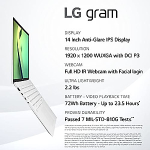 LG gram (2022) 14Z90Q Ultra Lightweight Laptop, 14" (1920x1200) IPS Display, Intel Evo 12th Gen i5 1240P Processor, 8GB LPDDR5, 512GB NVMe SSD, FHD Webcam, WiFi 6E, Thunderbolt 4, Windows11, White