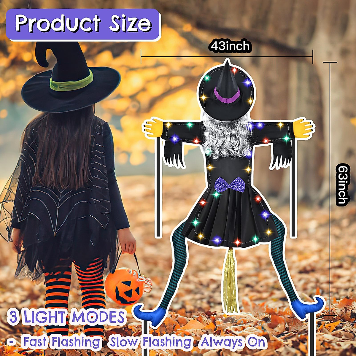 63" Large Crashing Witch Into Tree Halloween Decoration with Led Lights, Hanging Witch Cute Halloween Decorations Outdoor Crashed Witch Props Ornaments for Front Yard Tree Porch Lawn Garden Patio