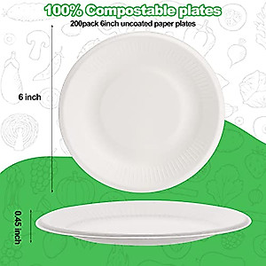 Eco-friendly 200 Pack Disposable Paper Plates, 100% Compostable & Biodegradable, Heavy-Duty Sugarcane Plates for Party, Picnic (6in)