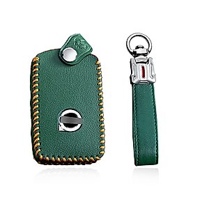 SANRILY Cowhide Leather Key Fob Cover for Volvo XC90 2017 2018 2019 XC60 S90 V90 Key Fob Keyless Full Protection Smart Key Case with Keychain Green