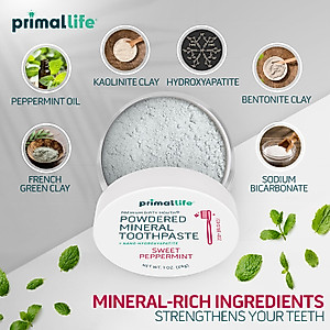 Primal Life Organics - Dirty Mouth Toothpowder, Tooth Cleaning Powder, Flavored Essential Oils with Natural Kaolin & Bentonite Clay, Good for 200+ Brushings, Organic, Vegan (Sweet Peppermint, 1 oz)