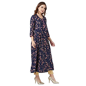 Tissu Women's Navy Blue & Pink Floral Printed Flared Kurta (Blue_S)