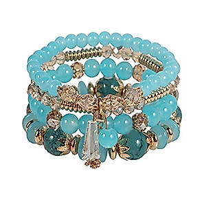 Solosoya Bohemian Stackable Bracelets Set for Women Multipack Multilayer Girls Elastic Rope Boho Colorful Stack Beads Bright Beaded Bracelets with Clear Vertebral Pendant Handmade Ladies Stretch Jewelry Accessories 6 Pack