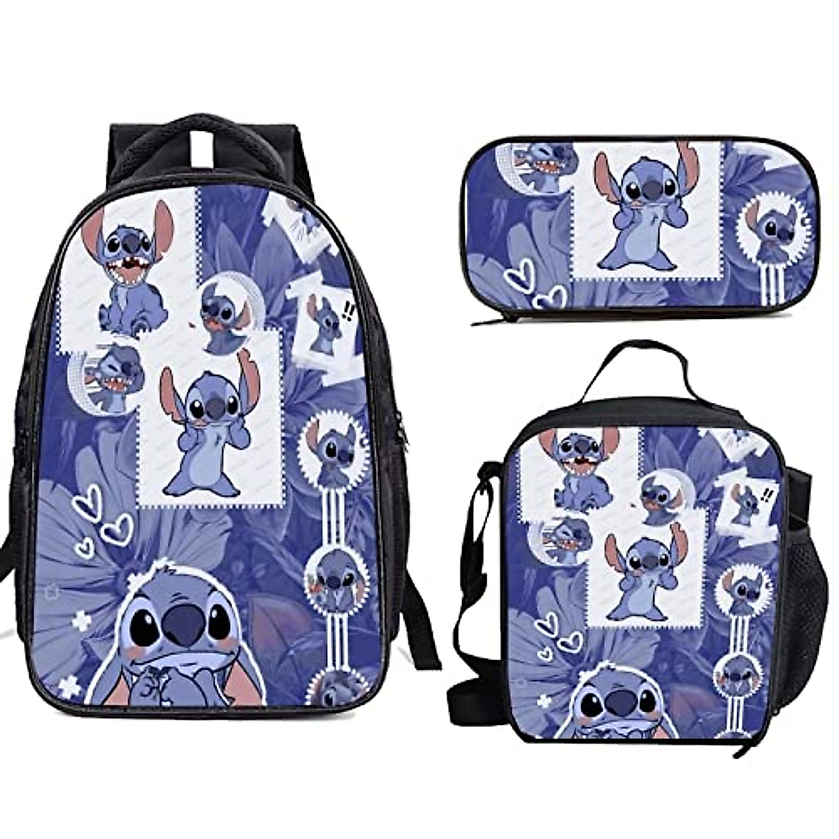HIGOH Backpack Three-Piece Cartoon School Bag With Pencil Case Lunch Bag, Black