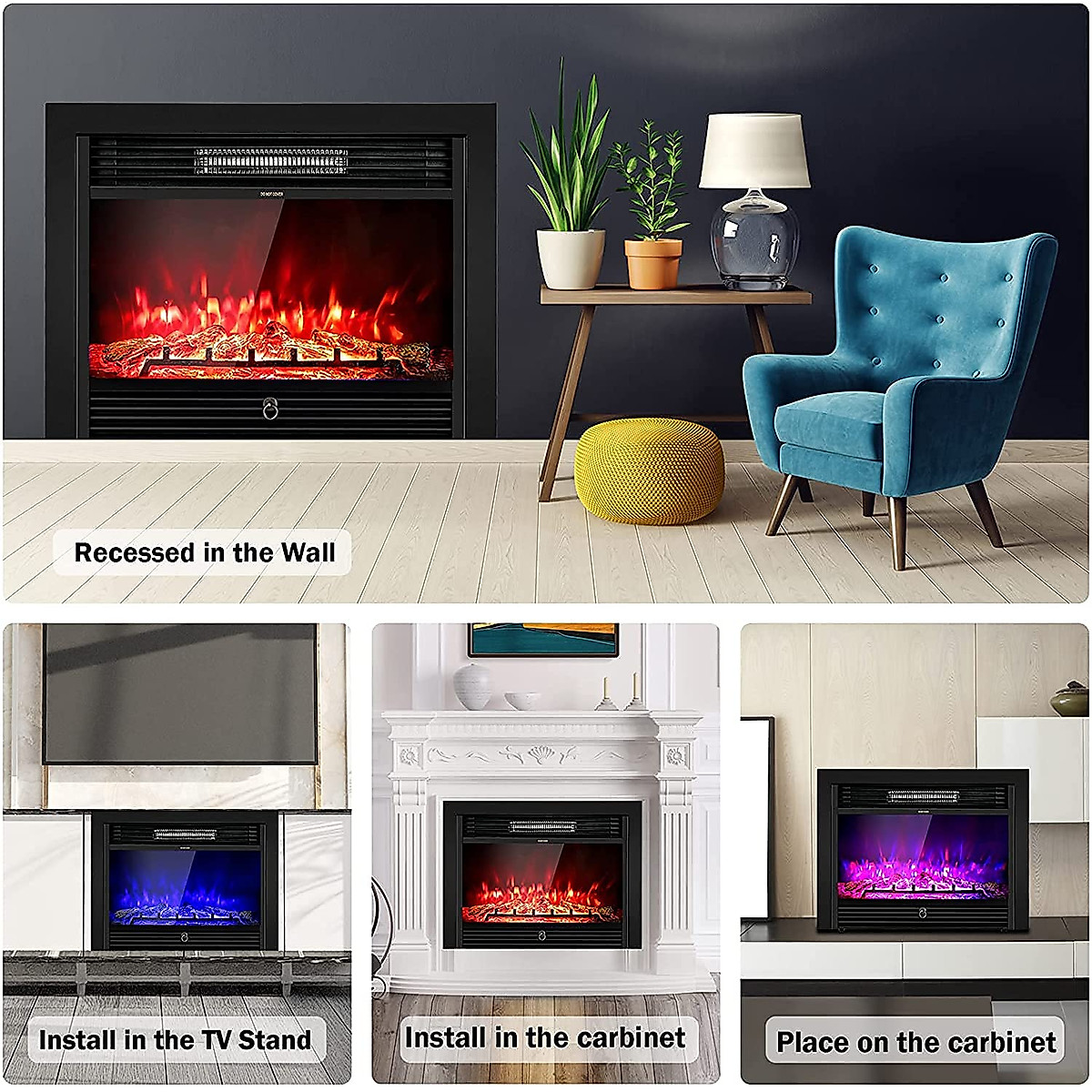 Topment 28.5" Recessed Electric Fireplace, Freestanding Fireplace Insert with Touch Screen Control Panel, Remote Control, Over-Heating Protection, 750-1500W Recessed in-Wall Heater with Timer