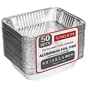 Sakuchi 9x13 Disposable Aluminum Foil Pans [50 Sets] Large Baking Pan Trays - Heavy Duty Tin Tray - Half Size Chafing Dishes. Food Containers for Roasting, Cooking, Heating or Steam Table