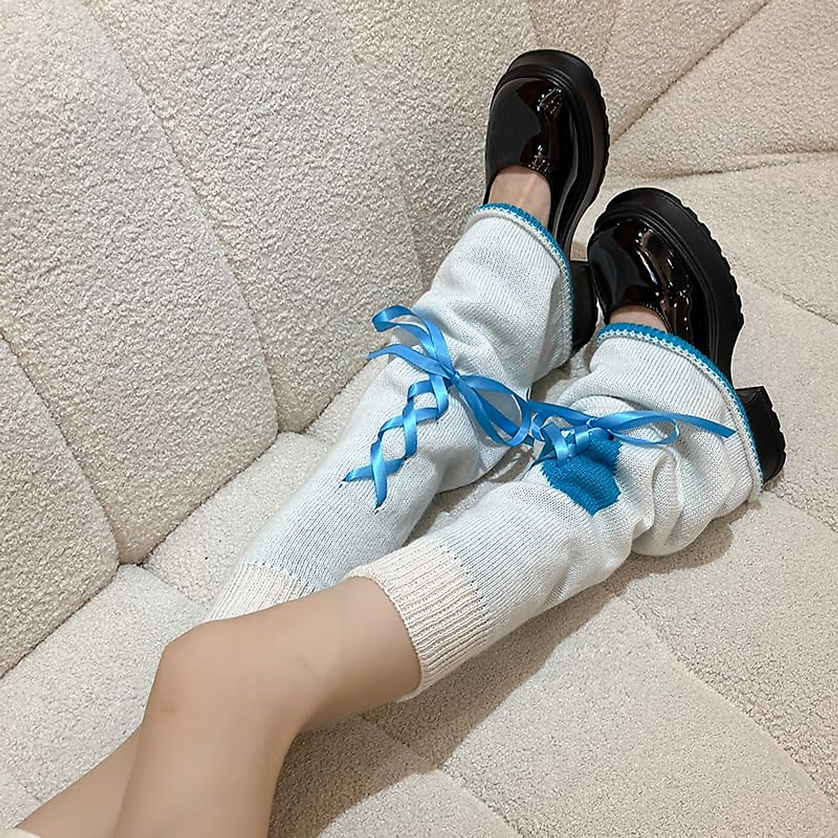 DEEPWIN Leg Warmer Leg Socks Lolita Love Sweet Knitted Leg Calf Cute Ribbon JK Spicy Girl (Blue)