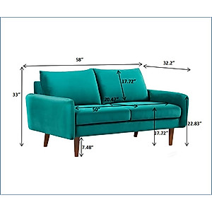 US Pride Furniture Kent Modern Velvet Loveseat Sofa, Comfortable 2 Seater Couch for Living Rooms and Small Spaces, Ideal Studio Apartment Furniture with Sleek Design, Greenish Blue