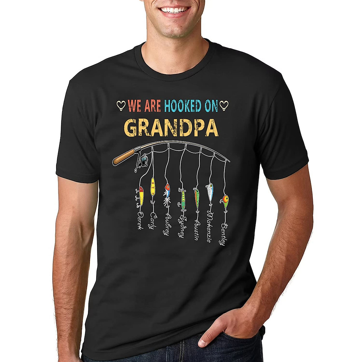Personalized Dad Grandpa Fishing T Shirts, Shirt with Grandkids Name, Custom Father's Day Gift for Men Pawpaw Papa Tee Hoodie Sweatshirt Tank Top on Birthday up to 25 Kids, X-Large