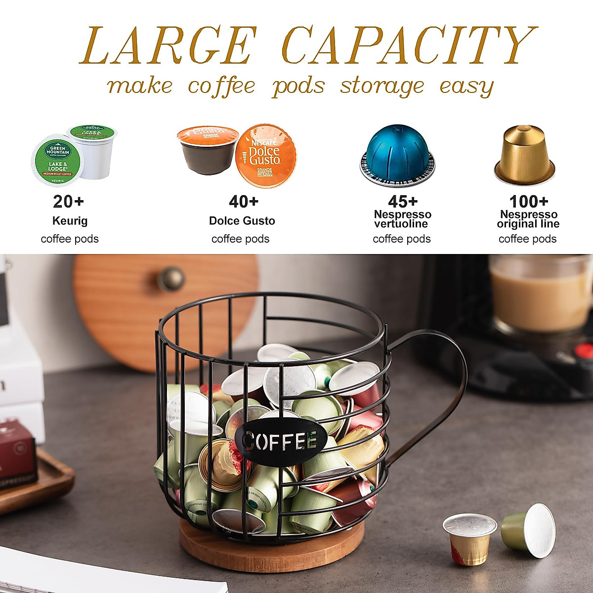 Panalo Rustic Coffee Pod Holder - Large Capacity Black Wire K cup Storage with Wooden Lid - Round Coffee Basket Decor for Kitchen Countertop for Pods & Espresso Capsules (Cup shape)