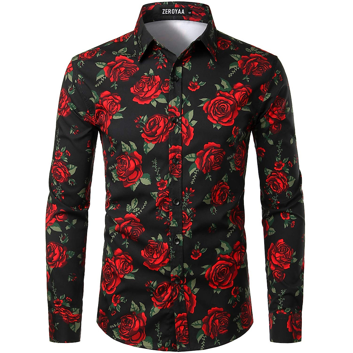 ZEROYAA Mens Fashion Urban Design Polyester Slim Fit Long Sleeve Rose Printed Button Up Dress Shirts ZLCL21-Black Small