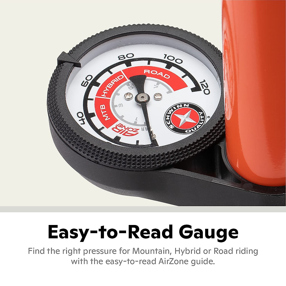 Schwinn Air Center Plus Floor Bike Pump, Pressure Gauge, Pumps 120 Max PSI, Dual Head Fits Schader and Presta Valve Types, Wide Metal Base, Orange
