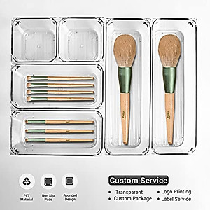 13 Pcs Drawer Organizer Set Clear Plastic Storage Bins Office Desk Drawer Dividers Trays with Non-Slip Silicone Pads, Dresser Separation Box for Makeup, Jewelries and Gadgets, Bedroom, Bathroom