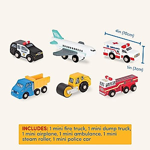 Battat – Miniature Toy Cars – 6Pcs Wooden Minis – Classic Rescue & Construction Vehicles – Steamroller, Dump Truck – 3 Years + – Wooden Vehicles Set 2