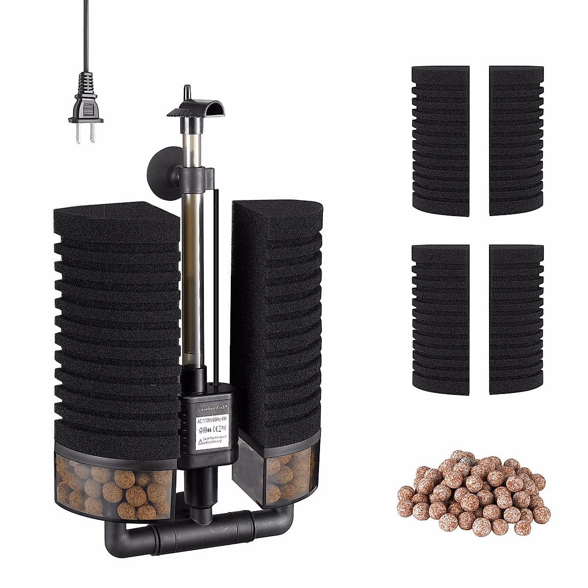 Carefree Fish Aquarium Filter with Water Pump 4 Sponges and 1 Bag of Filtered Ceramic Balls Fish Tank Quiet Filter for Salt Water and Fresh Water
