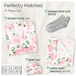 Ocean Drop 100% Cotton Mommy and Me Robe and Swaddle Set - Maternity Robe for Hospital - Delivery Gown for Hospital Maternity 4pc Set (Robe, Socks, Baby Swaddle Blanket, Baby Hat & Gift Box)