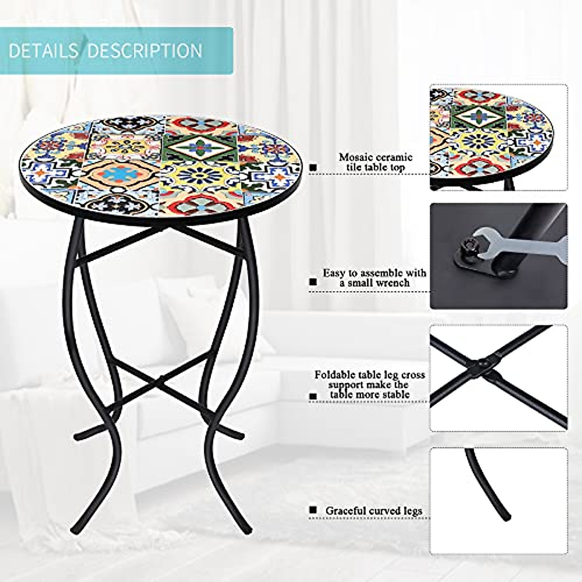 VCUTEKA Outdoor Mosaic Side Table - Small Patio Table Coffee Table Outside Accent Table Round End Plant Table for Bistro Balcony Porch Outdoor Benches 14''