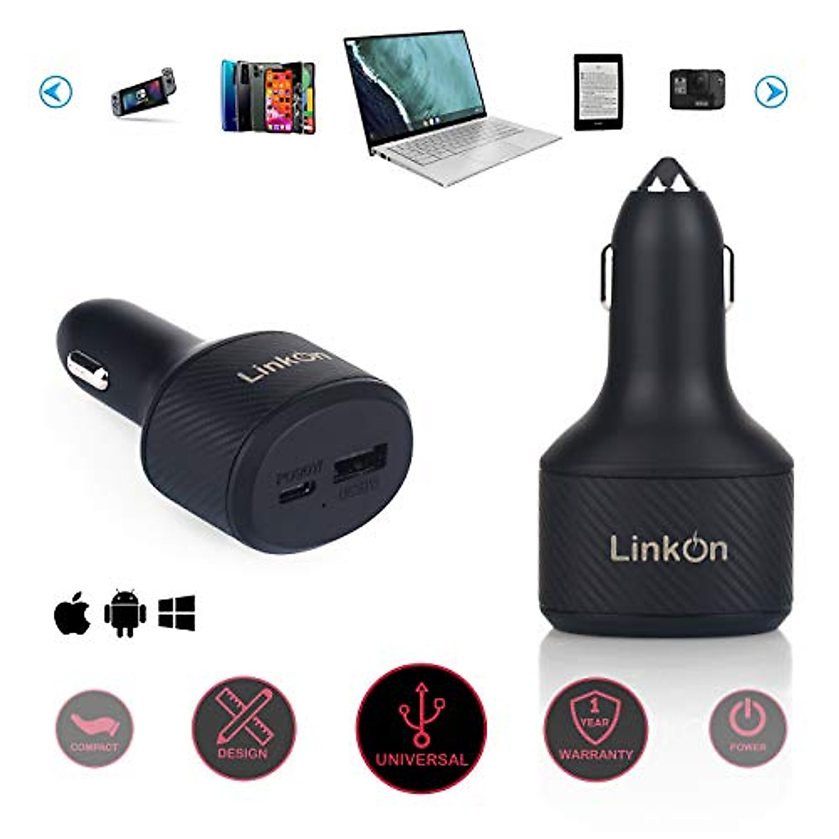 LinkOn 112W USB C Car Charger with 90W PD3.0 PPS and 18W QC3.0 Ports Compatible with MacBook 2018 2019 Dell XPS Google Chromebook Acer ASUS Xiaomi Huawei FCP SCP Apple iPhone iPad