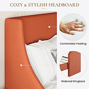 SHA CERLIN Upholstered Bed Frame Queen Size with Streamlined Wingback Headboard, Breathable Linen Fabric, Solid Wooden Slats, Easy Assembly, Orange