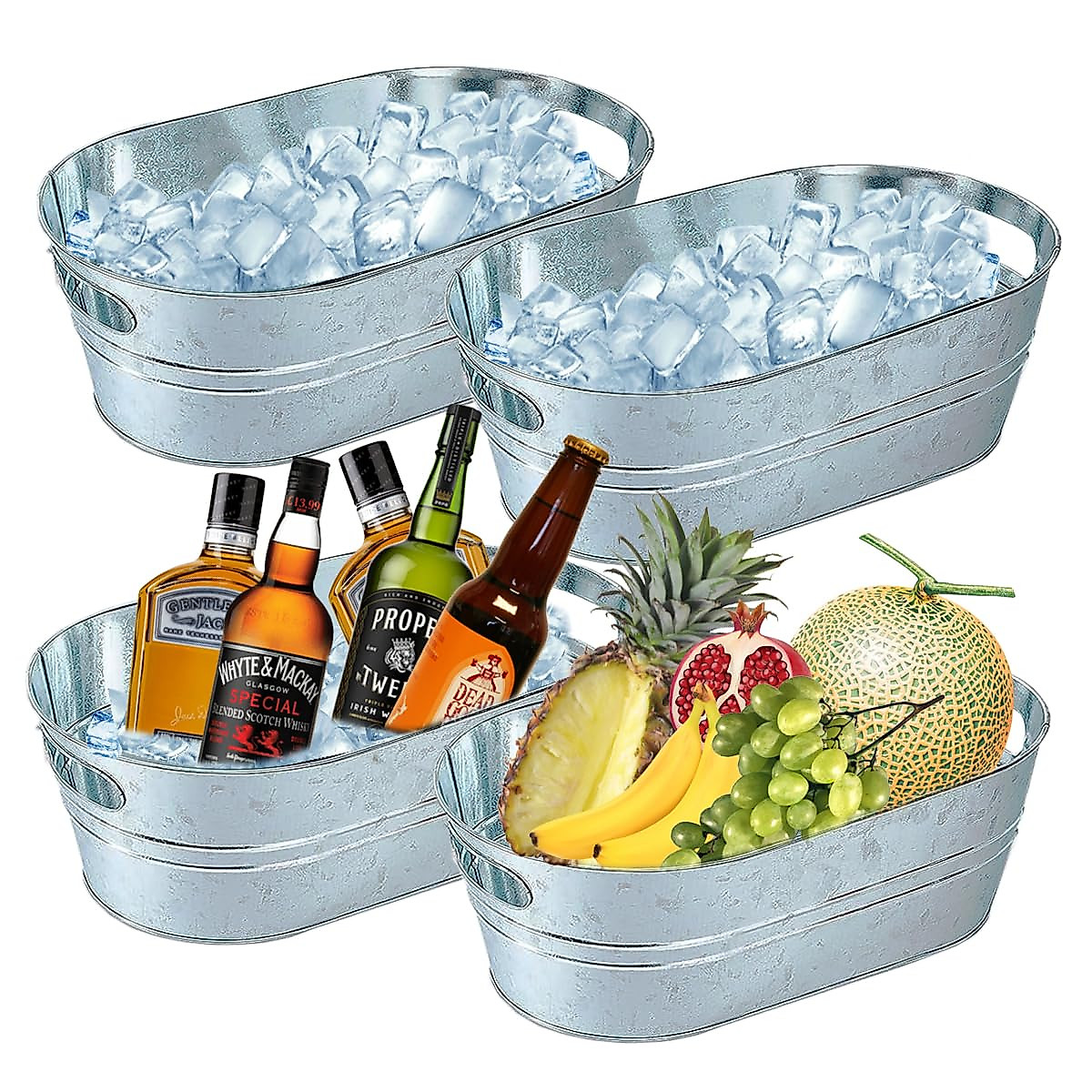 4 Pack Galvanized Tub 4 Gallon Ice Bucket Large Metal Drink Buckets for Parties Beer Beverage Tub with Carry Handles for Champagne Cocktails Wine Cooling for Mimosa Bar Supplies