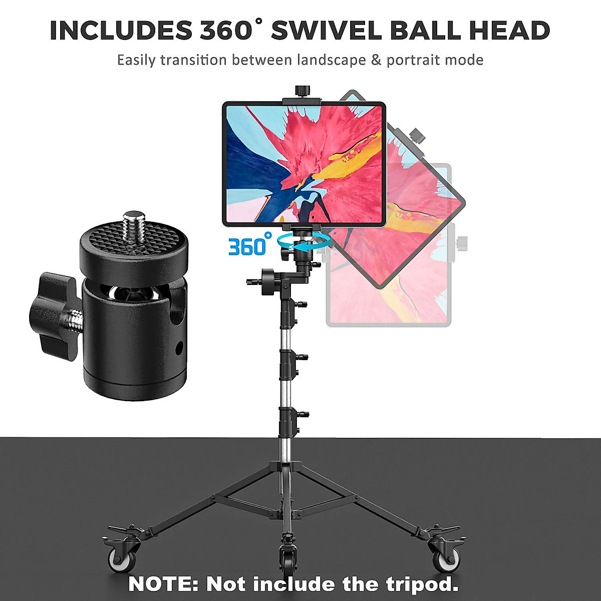 KDD iPad Tripod Mount Adapter with Ball Head, Fully Metal iPad Holder for Tripod, Phone Tablet Mount Stand Compatible with iPad Pro 12.9, iPad Air 2 3 4, iPad Mini, Galaxy Tab, iPhone (4-15”)