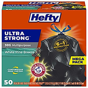 Hefty Ultra Strong Multipurpose Large Trash Bags, Black, White Pine Breeze Scent, 30 Gallon, 50 Count