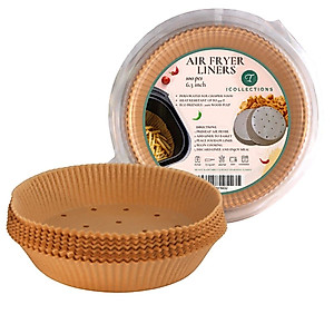 ICOLLECTIONS 100 Pcs Perforated Air Fryer Paper Liners for Crispy Food - Oil and Water Proof Non-Stick Air Fryer Disposable Paper Liners for Baking and Roasting - 6.3 Inch Round Air Fryer Liners