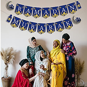 JOZON Ramadan Mubarak Banner Muslim Ramadan Mubarak Bunting Banner Garland with Lantern Moon Castle Sign Eid Mubarak Festival Celebration Party Decorations for Mantle Fireplace Wall Party Supplies