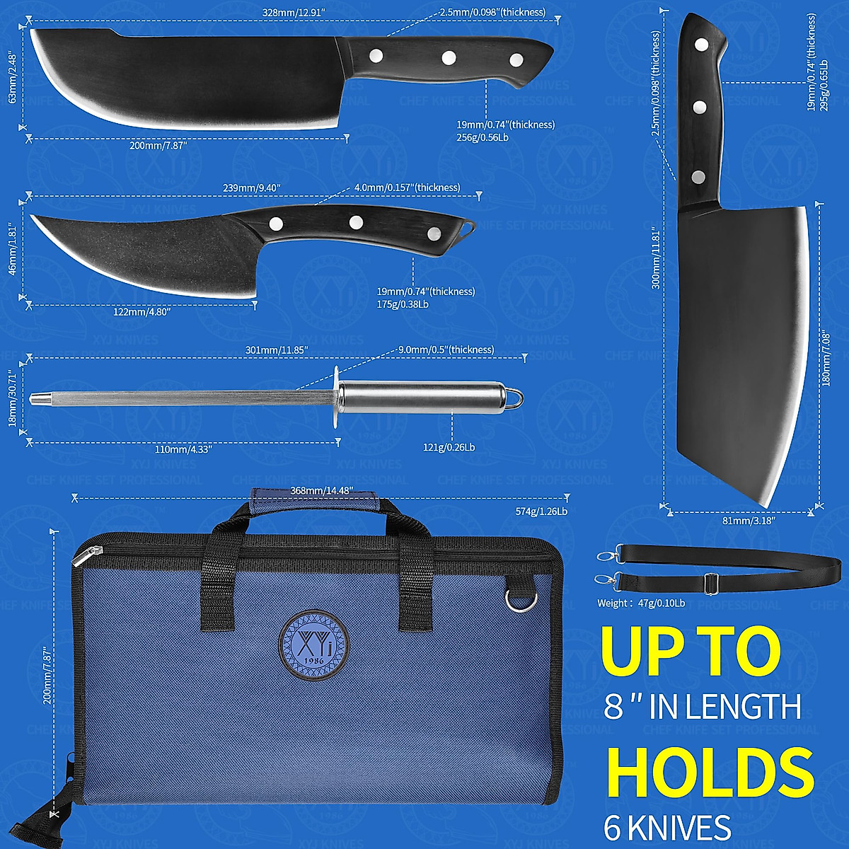 XYJ Portable Chef Knife Set Professional,Japanese Chef Knives With Sheath,Sharpener Rod,Cleaver Boning Knife For Vegetable Meat Cutting Camping Kitchen Knives,Full Tang,Gifts for Mom Dad