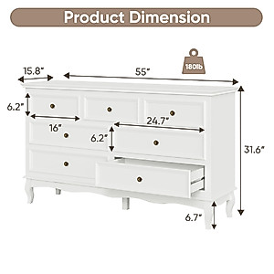 RoyalCraft White 7 Drawer Dresser for Bedroom, Modern Chest of Drawers with Solid Wood Legs and Painted Finish, Wooden Storage Closet Cabinet Organizer for Living Room, Hallway