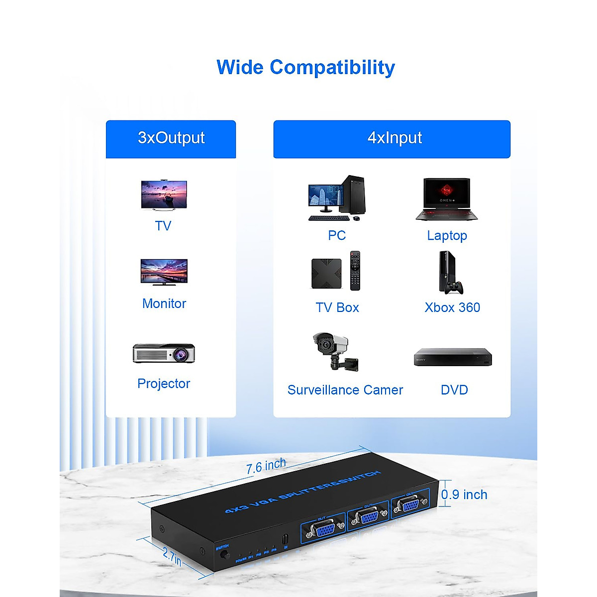 VGA Splitter 4 in 3 out: 4 Port Powered VGA Switch 4 PC to 3 Monitors/Projector with Remote, VGA Video Splitter Box Support 1920x1440 Resolution 200MHz Bandwidth for Screen Duplication