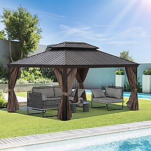 12’ X 12’ Hardtop Gazebo Double Roof Galvanized Steel Combined of Vertical Stripes Canopy Outdoor Aluminum Frame Patio Permanent Metal Pavilion with Nettings and Curtains for Deck Backyard Lawn Garden