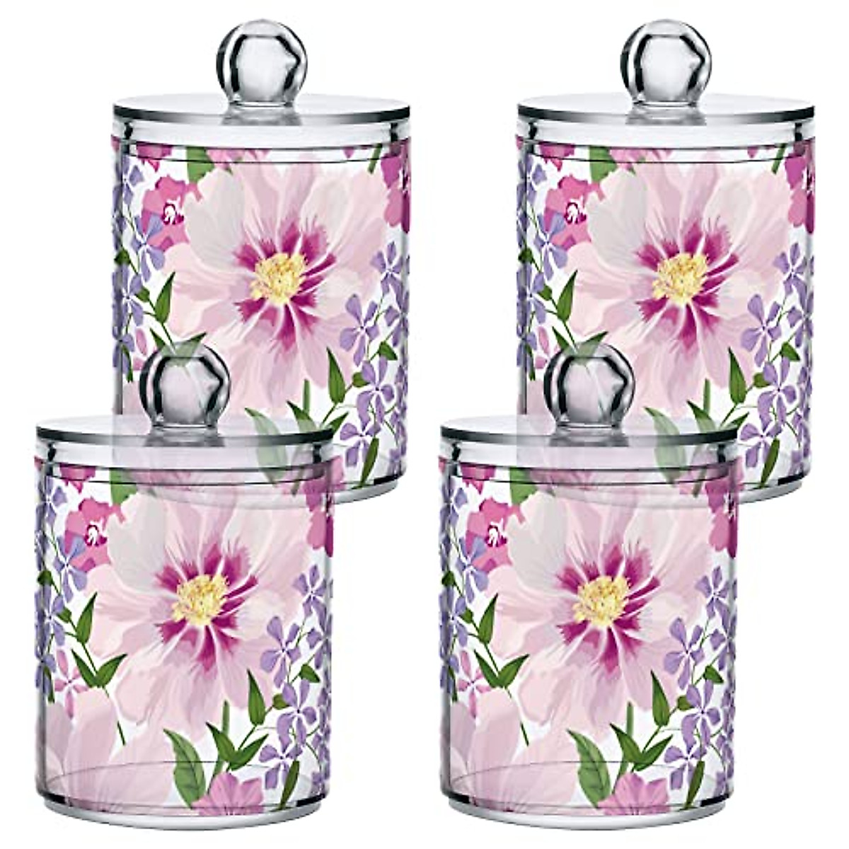 SUABO Plastic Jars with Lids,Pink Flower White St Storage Containers Wide Mouth Airtight Canister Jar for Kitchen Bathroom Farmhouse Makeup Countertop Household,Set 2