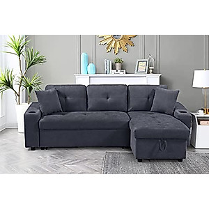 BIADNBZ Reversible Sleeper Sofa Bed 2 in 1 Pull Out Couch with Storage Chaise 2 Cup Holders Two Side Pockets and Pillows for Living Room, Dark Grey