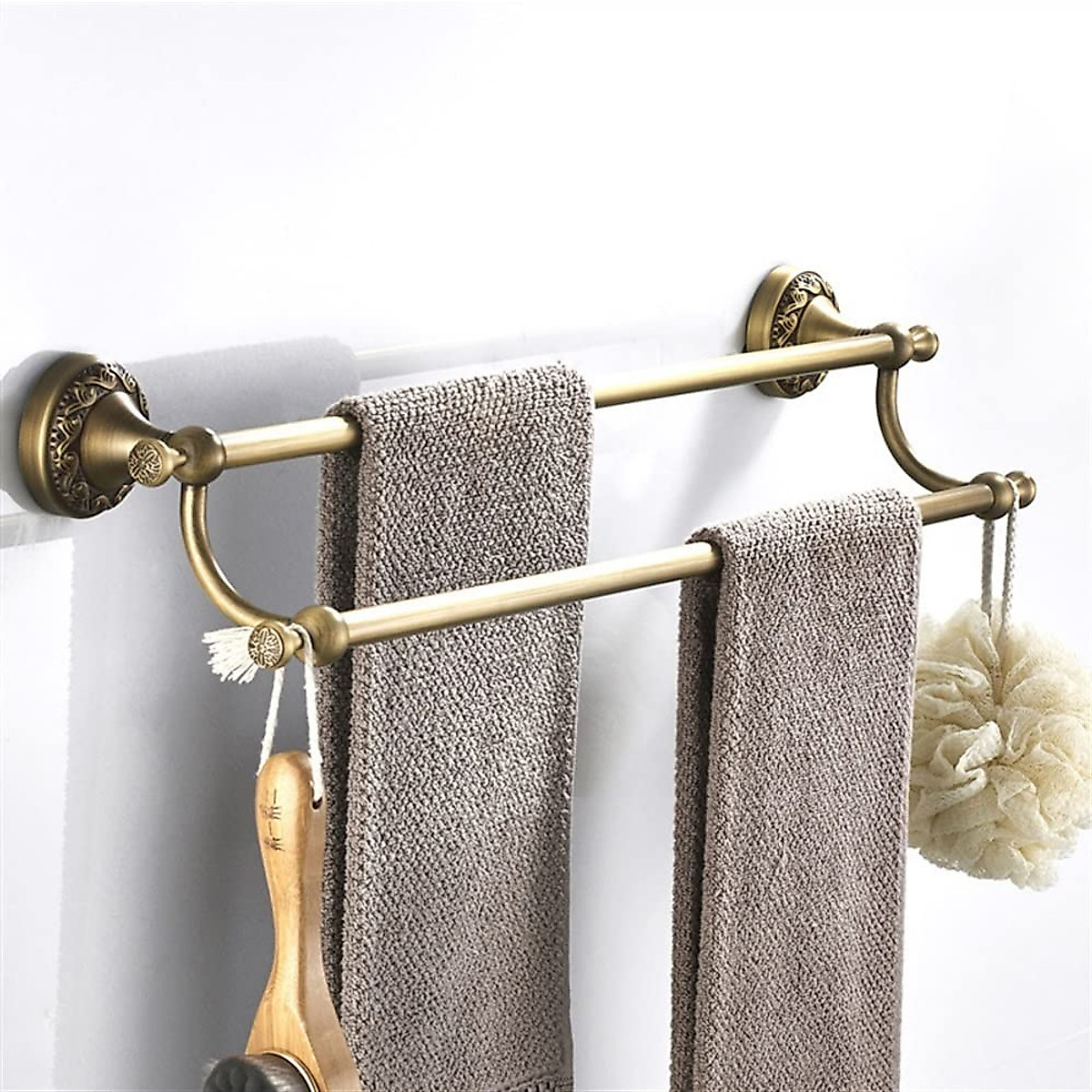 Bath Towel Bar Bathroom Hardware Bathroom Pendant, Brass Material European Bathroom Antique Towel Rack Double-Rod Towel Rail Towel Holder