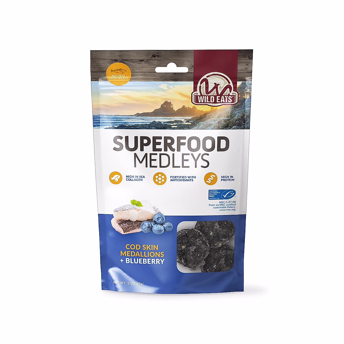 Wild Eats Cod Skins for Dogs, Superfood Healthy Dog Treat Training, 3oz Limited Ingredient Real Blueberry & Cod High in Antioxidants, High Protein, and Marine Collagen for Small, Medium and Large Dogs