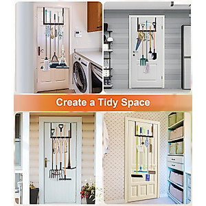 Broom Holder Over The Door Drilling Free Mop and Broom Holder with 4 Over Door Hook, Metal Mop and Broom Holder Wall Mount Broom Storage Tool Organizer for Laundry Room Garage Kitchen Bathroom