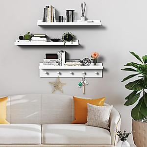 MBYD Picture Shelf Ledge, 24 Inch Floating Shelves for Wall, Nursery Book Shelves with Hooks Set of 3, Floating Shelf Wall Mounted for Bathroom,Kids Room, Living Room, Kitchen White