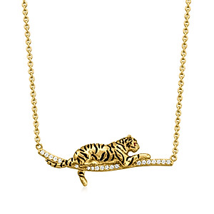 Ross-Simons 0.10 ct. t.w. White Topaz and Black Enamel Tiger Bar Necklace With Ruby Accents in 18kt Gold Over Sterling. 18 inches