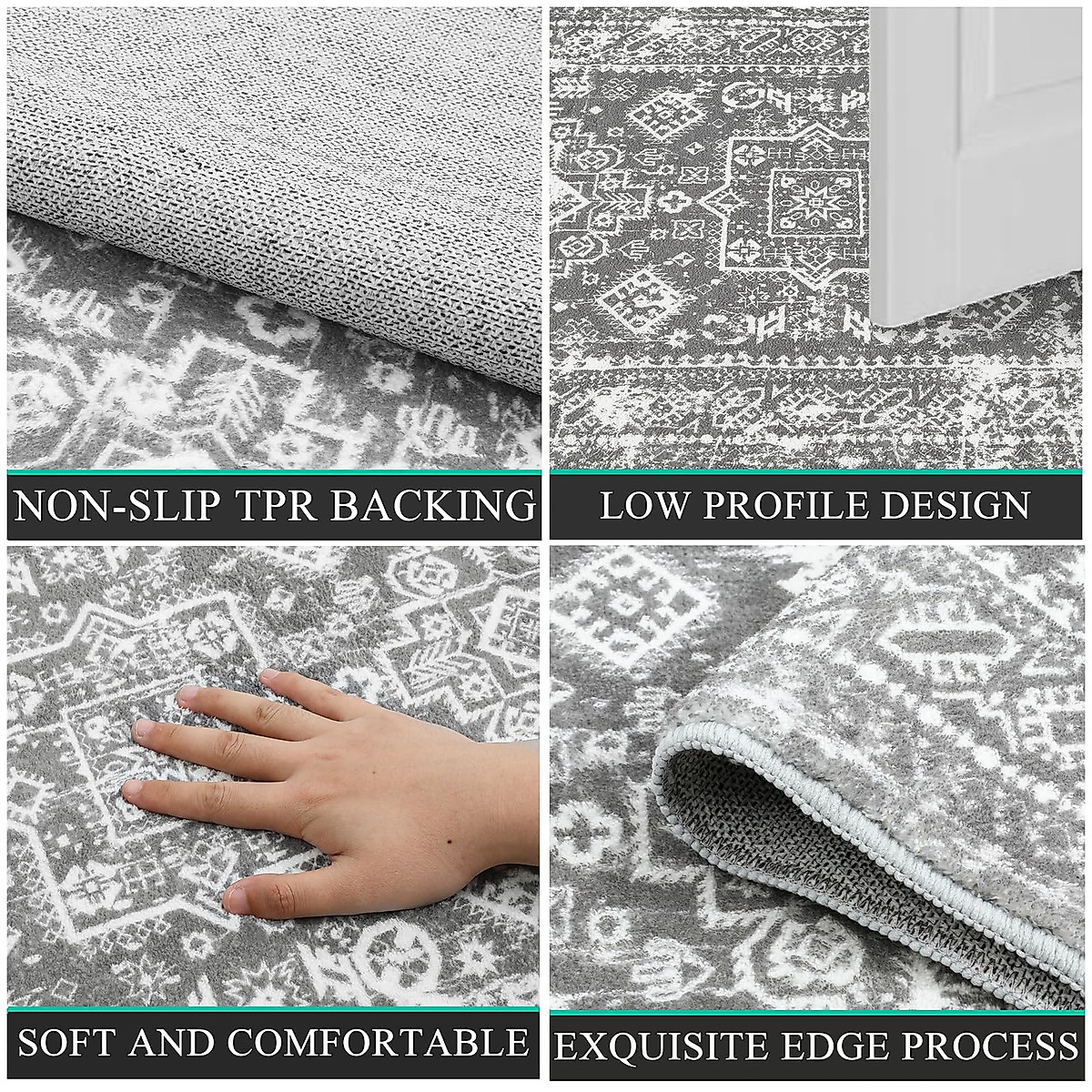 Pauwer Grey 3'x5' Area Rug, Faux Wool, Machine Made, Non-Slip, Washable, Bohemian, Retro, Vintage, Kitchen Hallway Living Room Runner