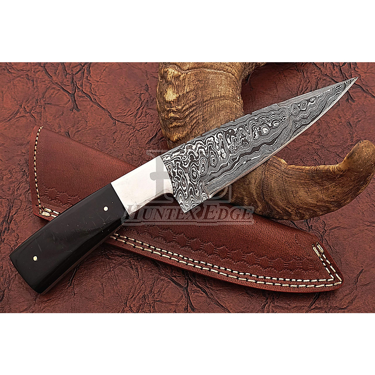HUNTEX Handmade Hand-Forged Ladder Pattern Damascus Steel 10 Inch Long Full Tang Natural Buffalo Horn Handle Razor Sharp Hunting Camping Skinning Knife w/Genuine Leather Pouch