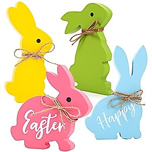 Wooden Bunnies Easter Decorations for The Home Easter Table Decor, 4PCS Cute Easter Bunny Decor with Jute Twine Bow Spring Decorations Easter Tiered Tray Decor for Party Favors Tabletop Indoor Gift RY-36FHJR
